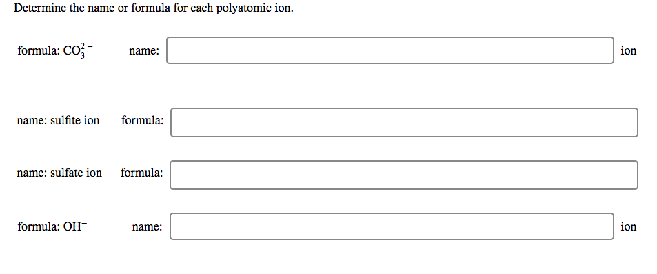 Solved Determine the name or formula for each polyatomic ion | Chegg.com