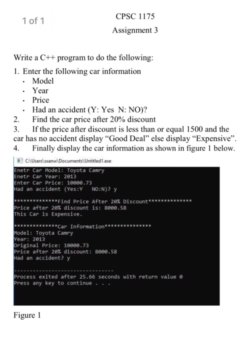Solved CPSC 1175 1 of 1 Assignment 3 Write a C++program to | Chegg.com
