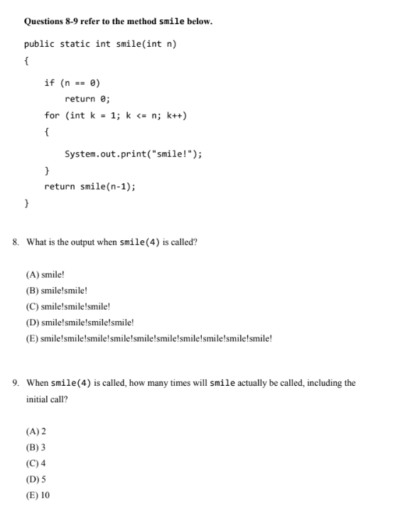 Solved Questions 8-9 refer to the method smile below. public | Chegg.com