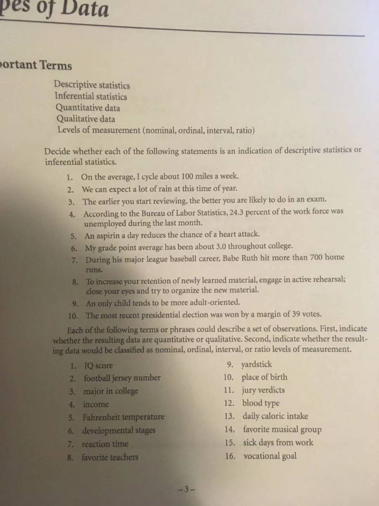 Solved pes of Data portant Terms Descriptive statistics | Chegg.com