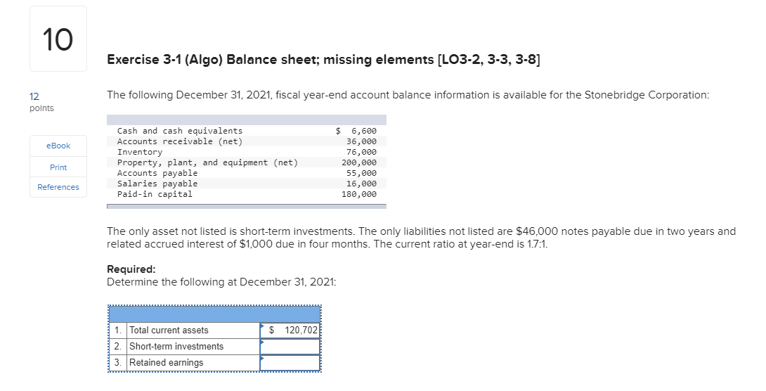 Solved Exercise 3-1 (Algo) Balance sheet; missing elements | Chegg.com