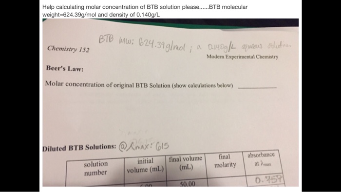 Solved Need help calculating molar concentration of BTB | Chegg.com