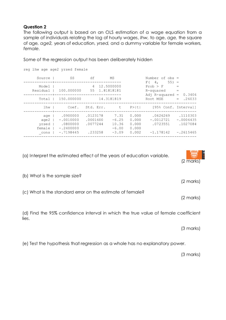 Solved The following output is based on an OLS estimation of | Chegg.com