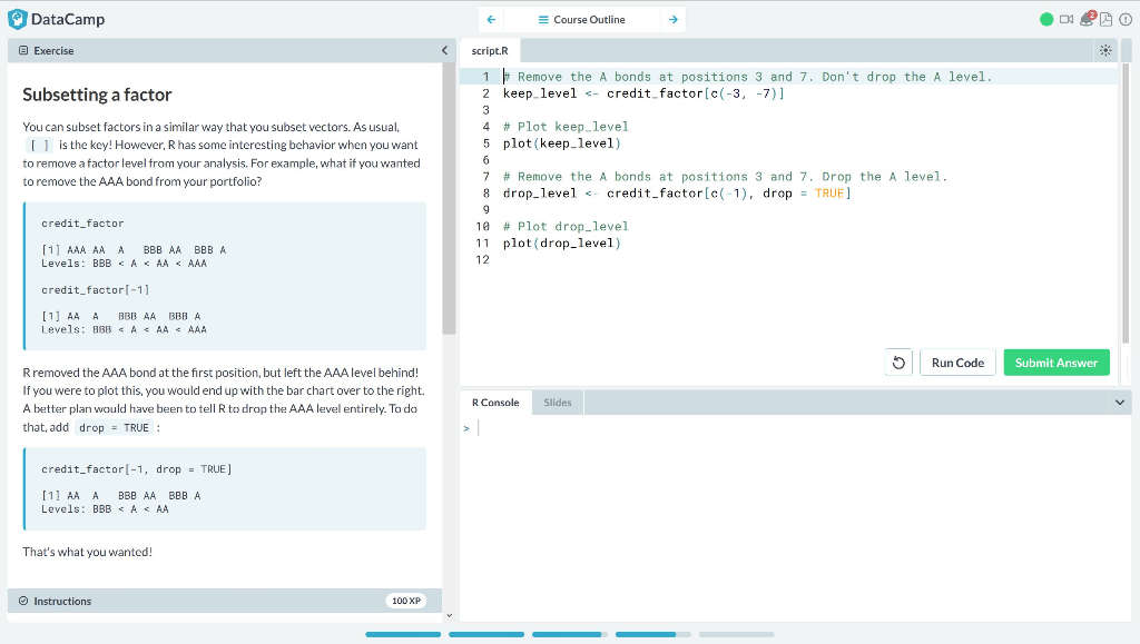Solved DataCamp ECourse Qutline E Exercise script.R 1 Remove | Chegg.com