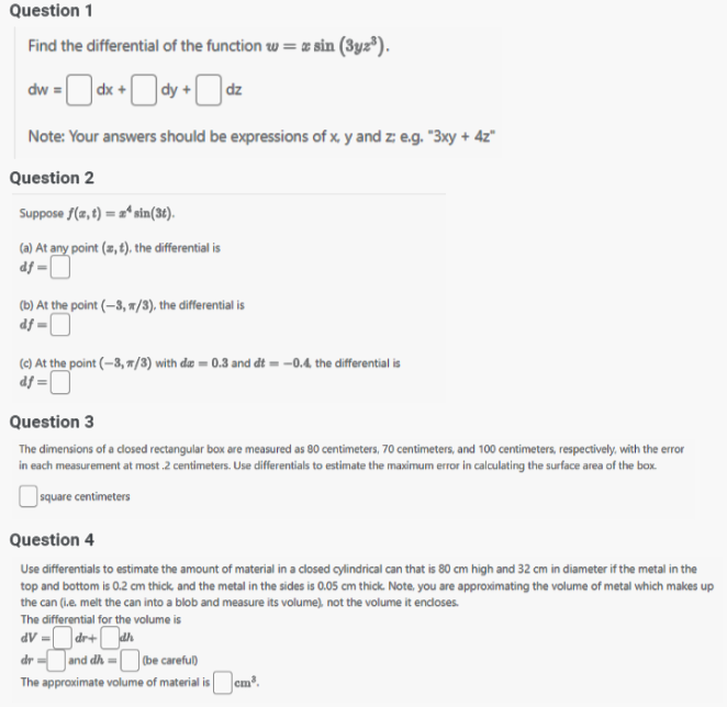 Solved Find the differential of the function w=xsin(3yz3). | Chegg.com