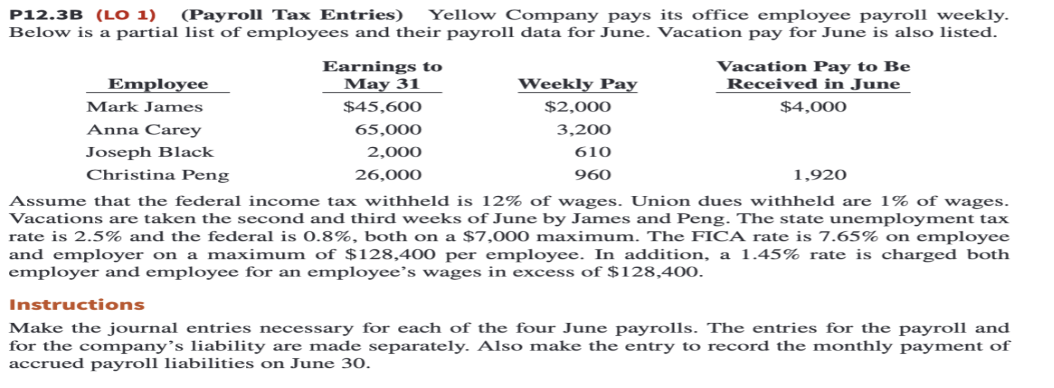 P12.3B (LO 1) (Payroll Tax Entries) ﻿Yellow Company | Chegg.com