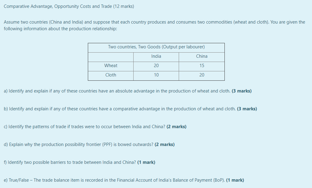 Solved Comparative Advantage, Opportunity Costs and Trade | Chegg.com