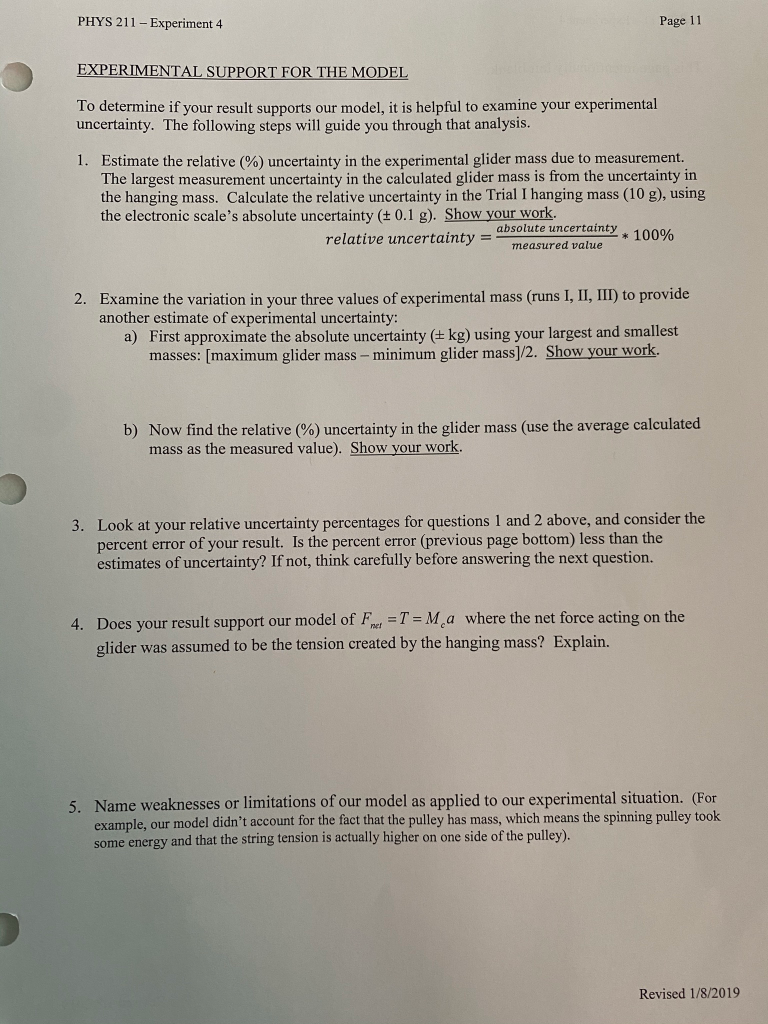 PHYS 211 - Experiment 4 Page 11 EXPERIMENTAL SUPPORT | Chegg.com