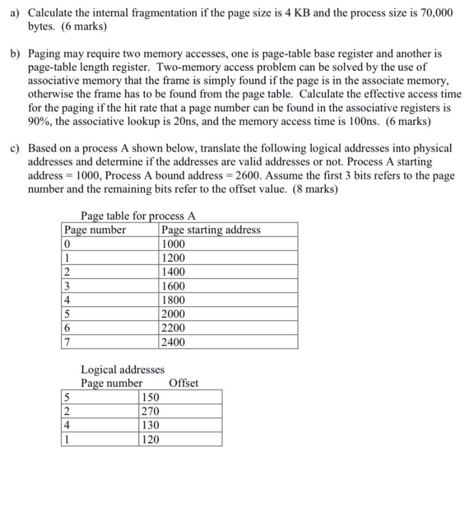Solved a) Calculate the internal fragmentation if the page | Chegg.com