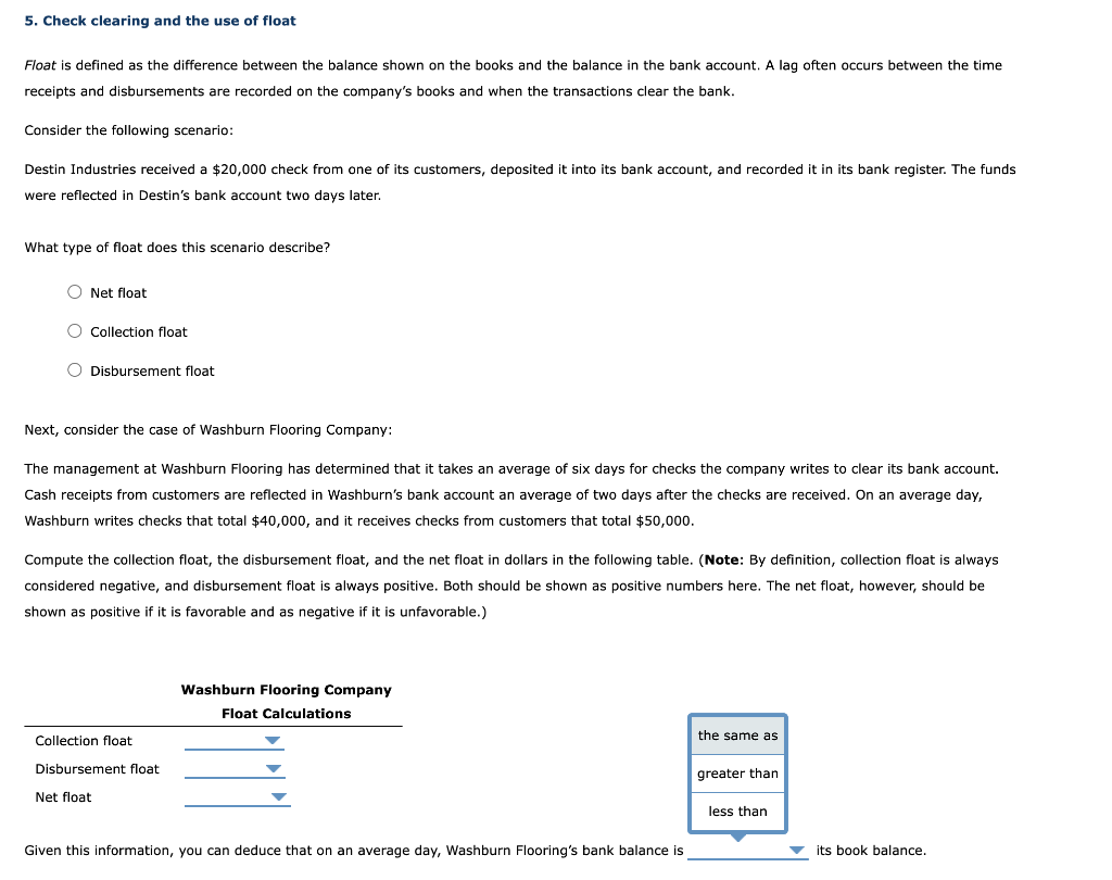 Solved 5. Check clearing and the use of float Float is | Chegg.com
