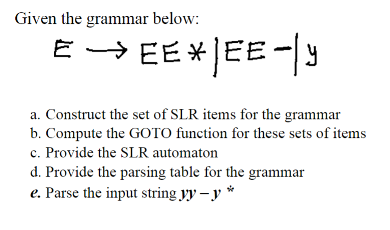 Solved Given the grammar below: E→EE∗∣EE−∣y a. Construct the | Chegg.com