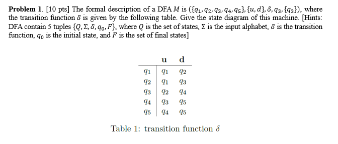 Solved Problem 1. [10 pts] The formal description of a DFA M | Chegg.com