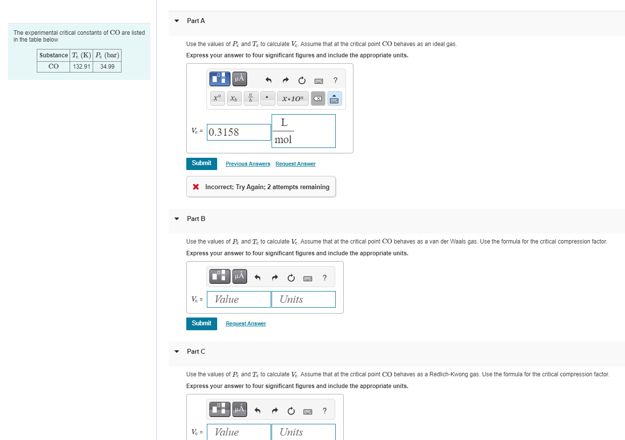 Solved The experimental critical constants of CO ﻿are | Chegg.com