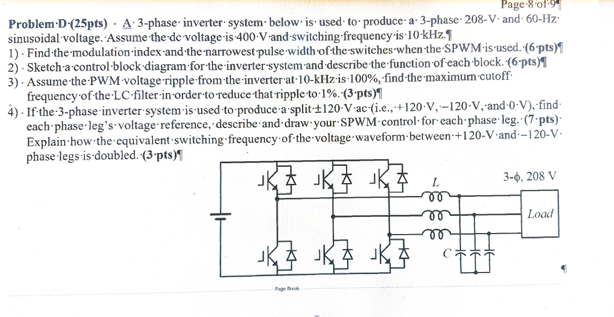 Problem ⋅D⋅(25pts) - A 3 -phase ⋅ inverter ⋅ system ⋅ | Chegg.com