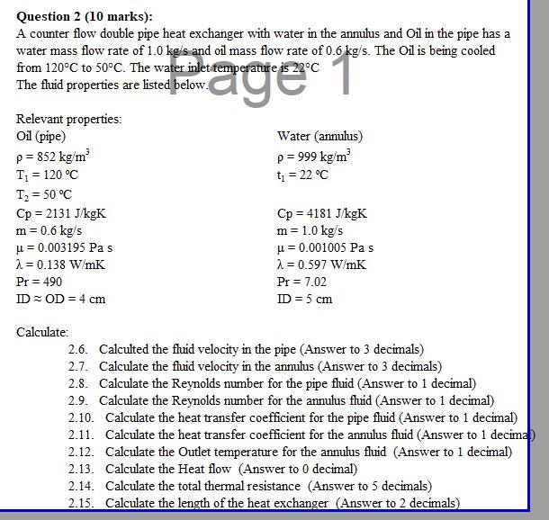 Solved Question 2 (10 marks): A counter flow double pipe | Chegg.com