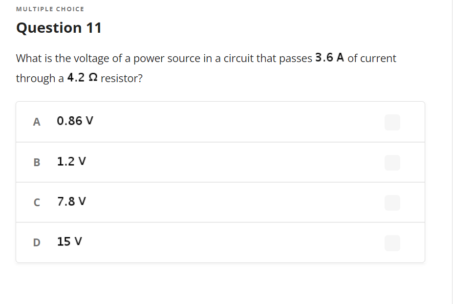 Solved MULTIPLE CHOICE Question 11 What is the voltage of a | Chegg.com