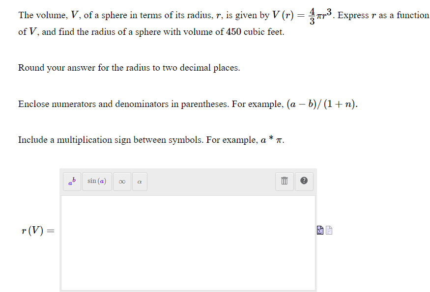 Solved The volume, V, ﻿of a sphere in terms of its radius, | Chegg.com