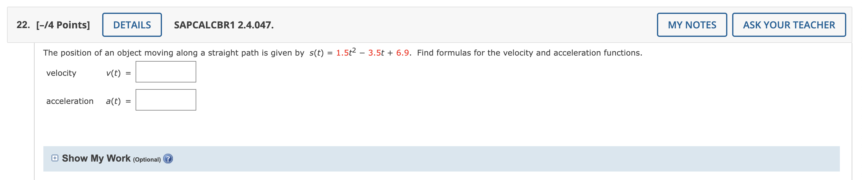 Solved -/4 Points] SAPCALCBR1 2.4.047. The position of an | Chegg.com