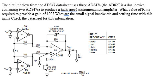 Solved The circuit below from the AD847 datasheet uses three | Chegg.com