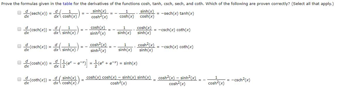 Solved Derivatives of Hyperbolic Functions 4 (sinh x) = cosh | Chegg.com