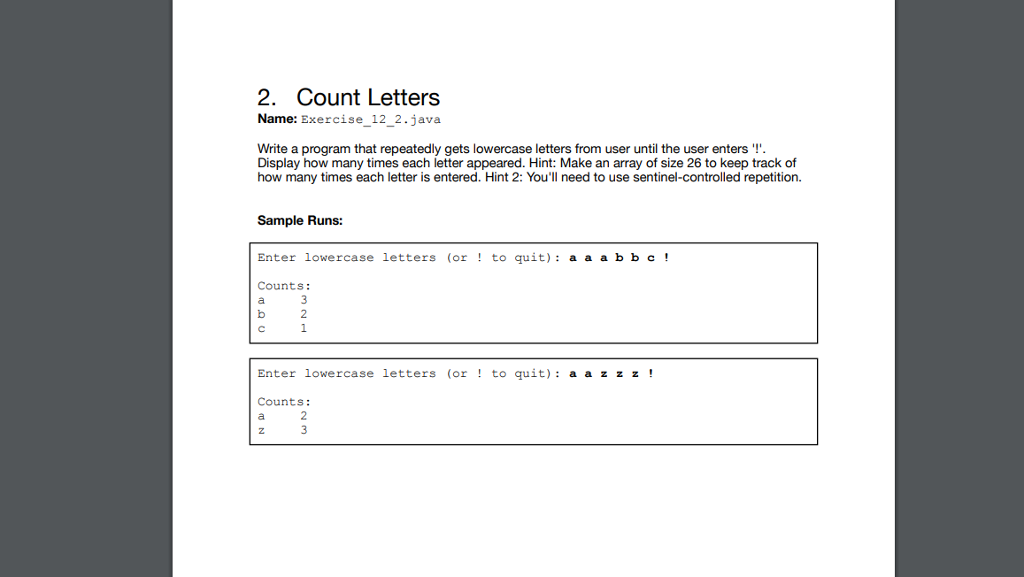 Solved 2. Count Letters Name: Exercise 12_2.java Write a | Chegg.com