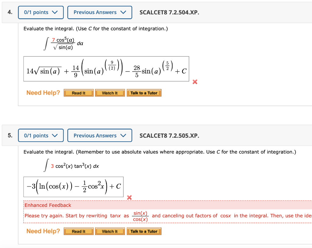 Solved 0/1 points v Previous Answers SCALCET8 7.2.504.XP. | Chegg.com