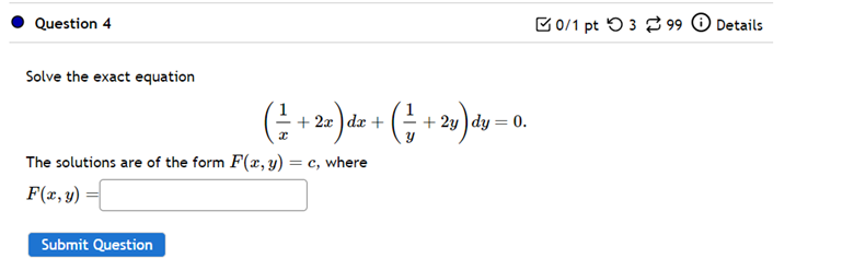 Solved Solve the exact equation (x1+2x)dx+(y1+2y)dy=0. The | Chegg.com
