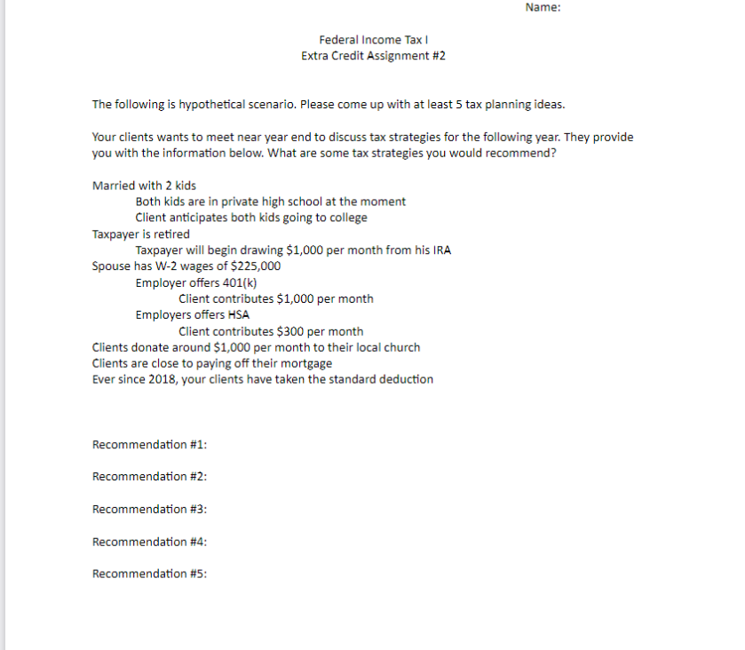 Solved Federal Income Tax 1 Extra Credit Assignment \#2 The | Chegg.com