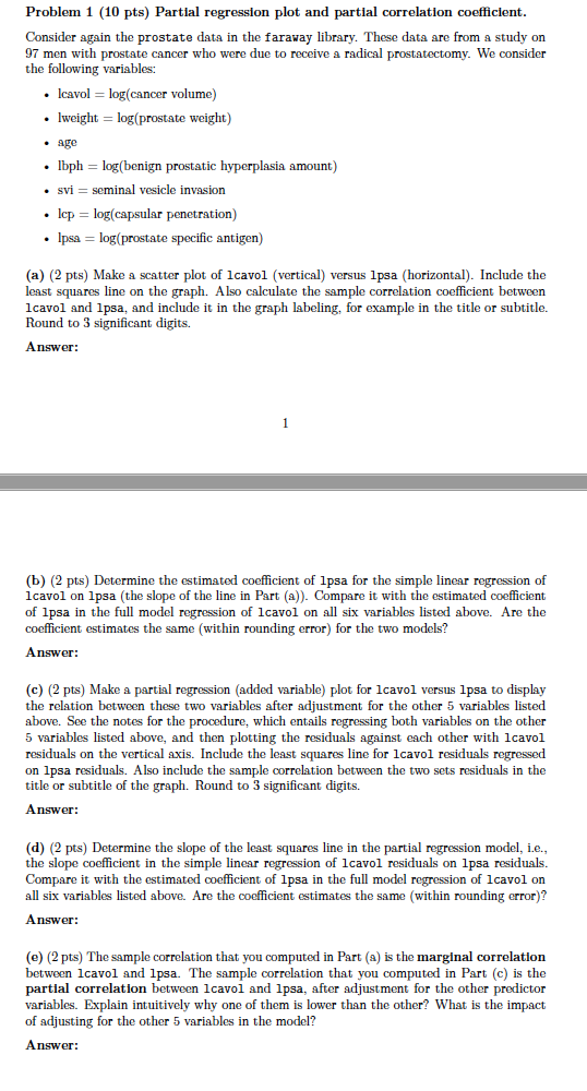 Problem 1 (10 pts) Partial regression plot and | Chegg.com