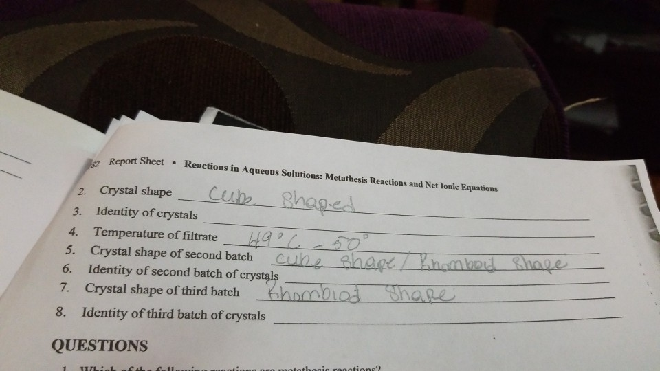 Report Sheet Reactions in Aqueous Solutions: | Chegg.com