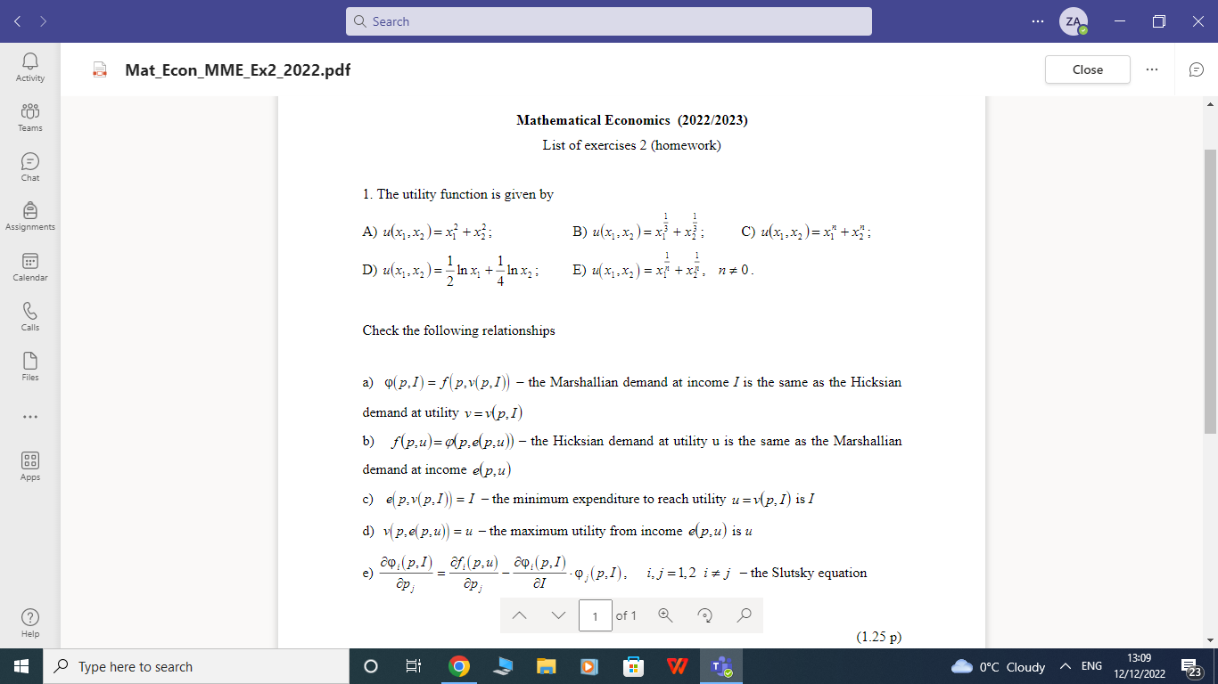 Mathematical Economics (2022/2023) List of exercises | Chegg.com
