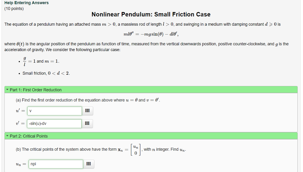 Solved Help Entering Answers (10 points) Nonlinear Pendulum: | Chegg.com
