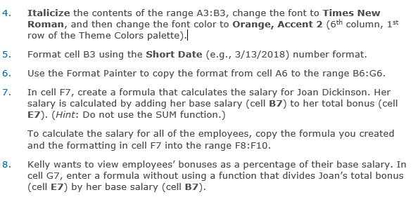 Solved Italicize the contents of the range A3:B3, change the | Chegg.com