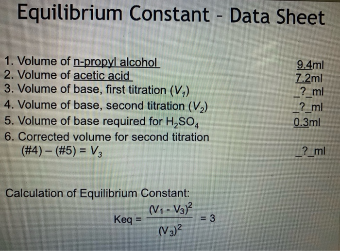 Equilibrium Constant - Data Sheet 1. Volume of | Chegg.com