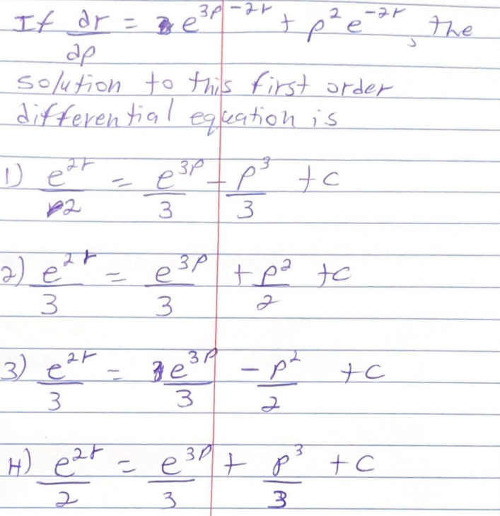 Solved If ∂ρ∂r=e3ρρ−2r+e2, the solution to this first order | Chegg.com
