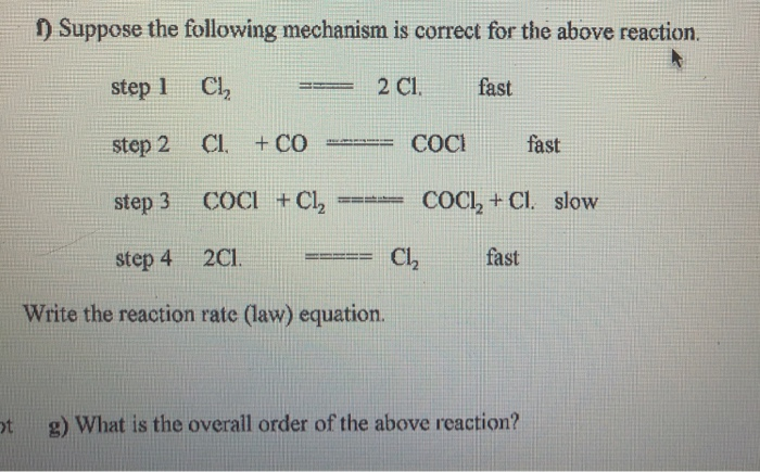 Solved Overall reaction is:CO + Cl2 —> COCl2 (all in gas | Chegg.com