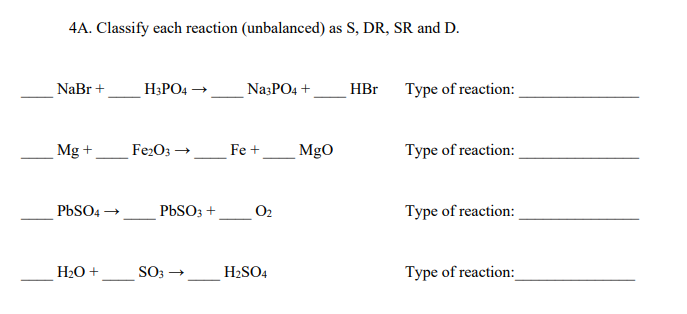 Solved 4A. Classify each reaction (unbalanced) as S, DR, SR | Chegg.com