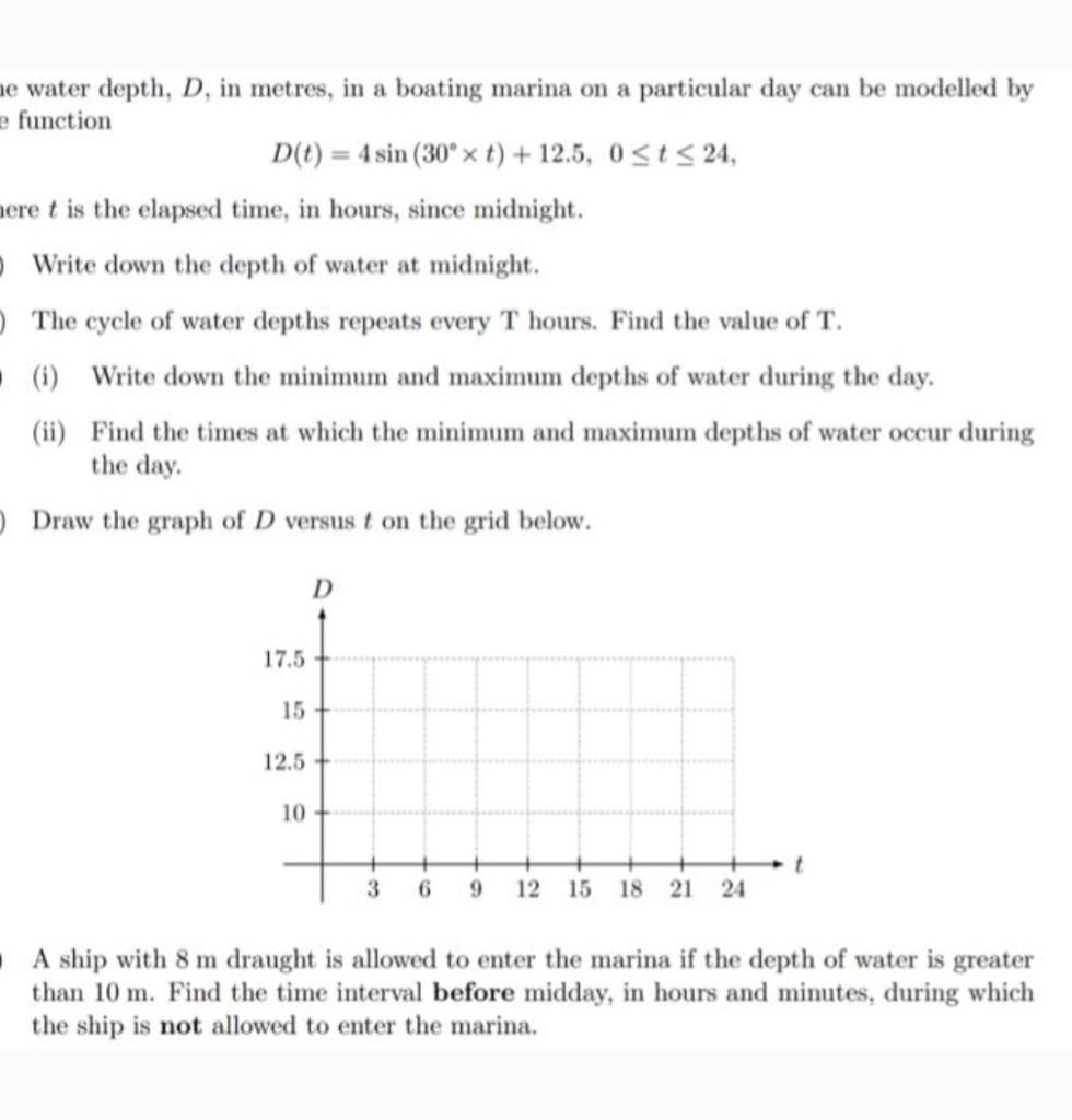 Solved water depth, D, in metres, in a boating marina on a | Chegg.com