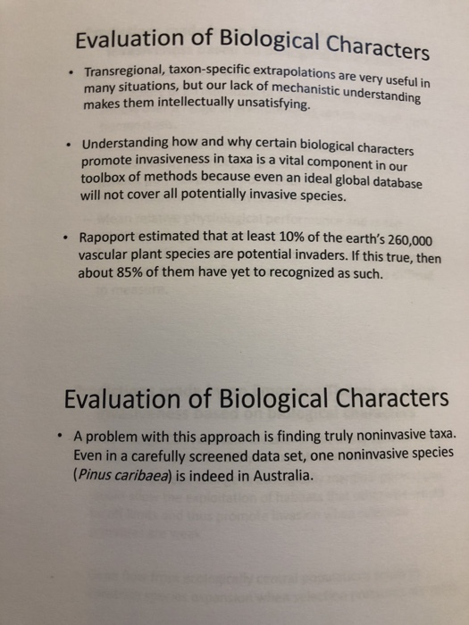 Evaluation of Biological Characters Transregional, | Chegg.com