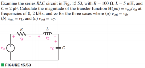 Solved Examine the series RLC circuit in Fig. 15.53, with R | Chegg.com