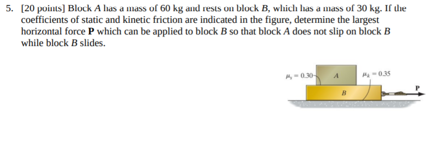 Solved 5. [20 points] Block A has a mass of 60 kg and rests | Chegg.com