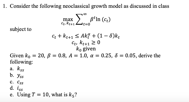 1. Consider the following neoclassical growth model | Chegg.com