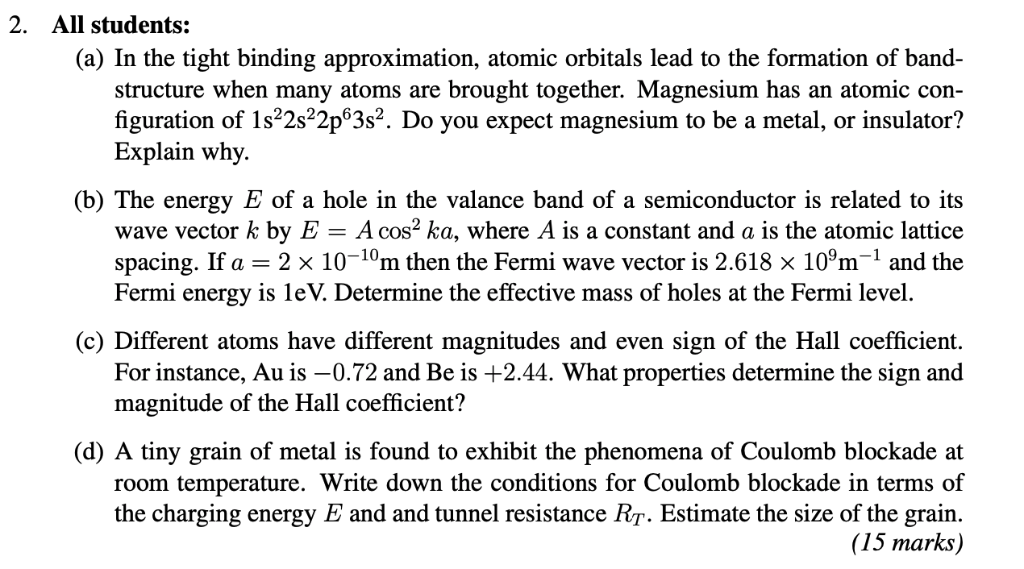 Solved 2. All students: (a) In the tight binding | Chegg.com