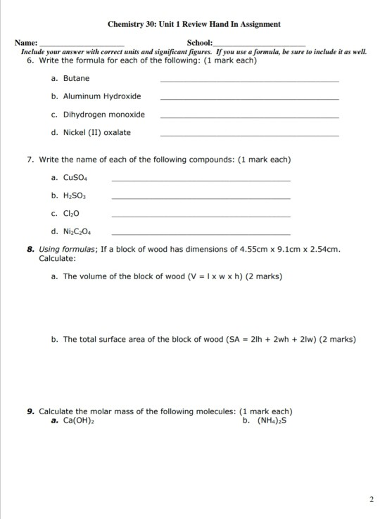 Solved Chemistry 30: Unit 1 Review Hand In Assignment Name: | Chegg.com