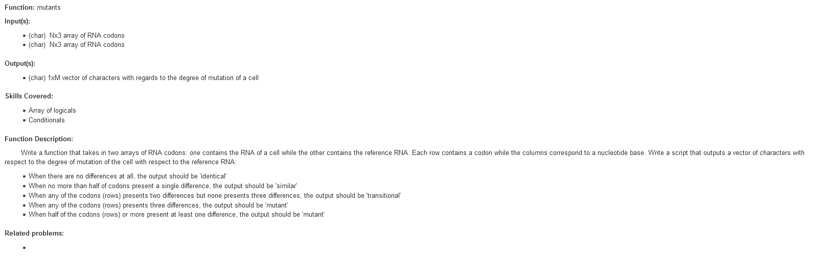Solved Function: mutants Input(s): • (char) Nx3 array of RNA | Chegg.com
