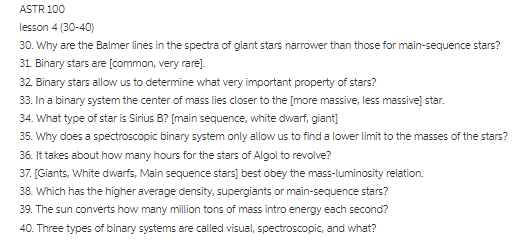Solved ASTR 100 lesson 4 (30-40) 30. Why are the Balmer | Chegg.com