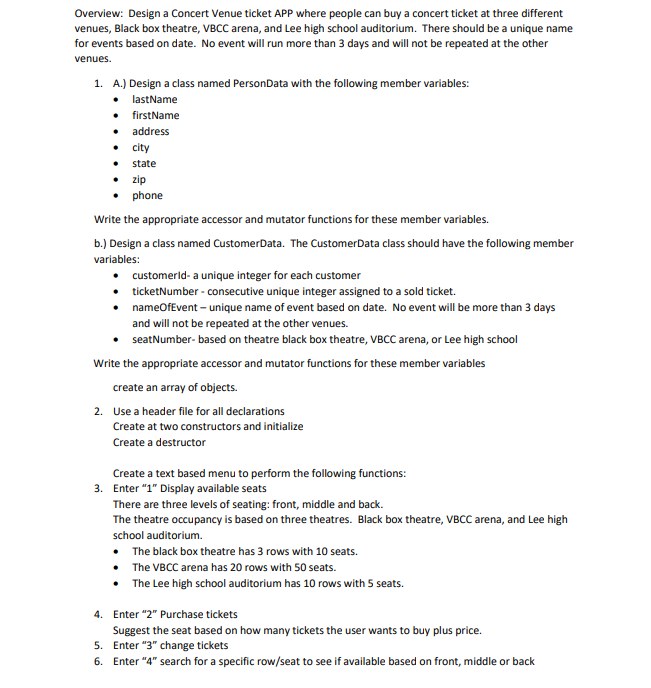 Overview: Design a Concert Venue ticket APP where | Chegg.com