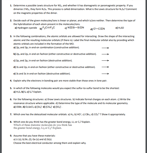 Solved 1. Determine a possible Lewis structure for NS2, and | Chegg.com