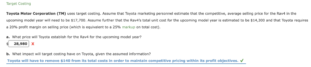 Solved Target Costing Toyota Motor Corporation (TM) uses | Chegg.com