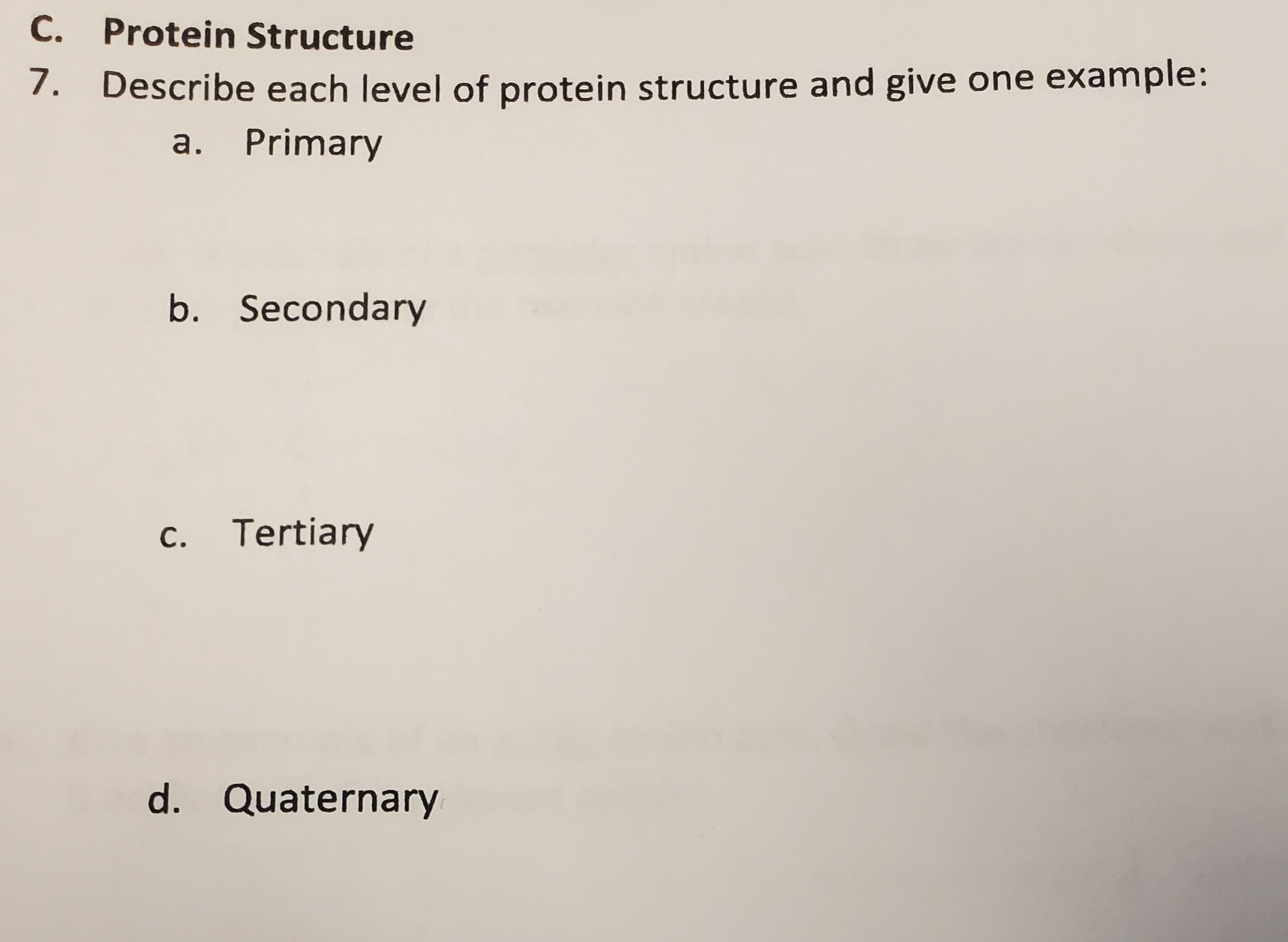 Solved Protein Structure 7. Describe each level of protein | Chegg.com